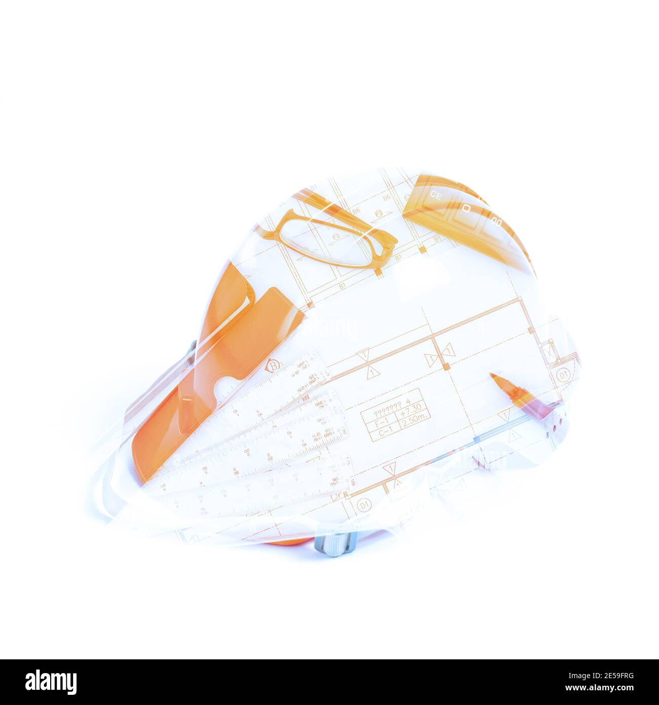 Double exposure construction helmet and architect drawing sketch plans ...