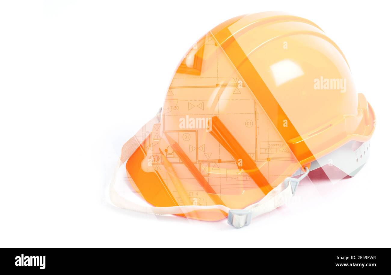 Double exposure construction helmet and architect drawing sketch plans ...