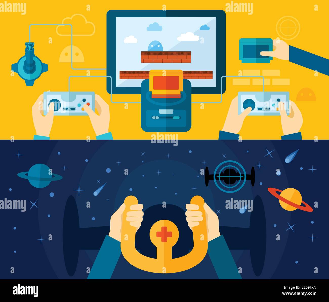Video game horizontal banner set with hands holding console devices ...