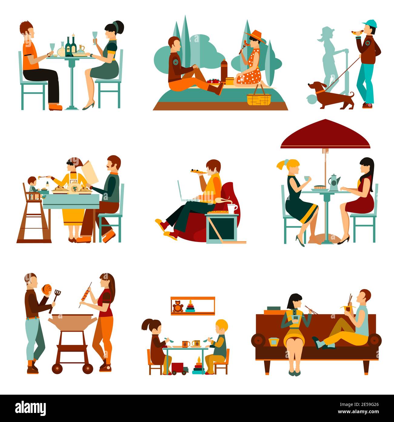 People eating out and an homes flat icons set isolated vector ...