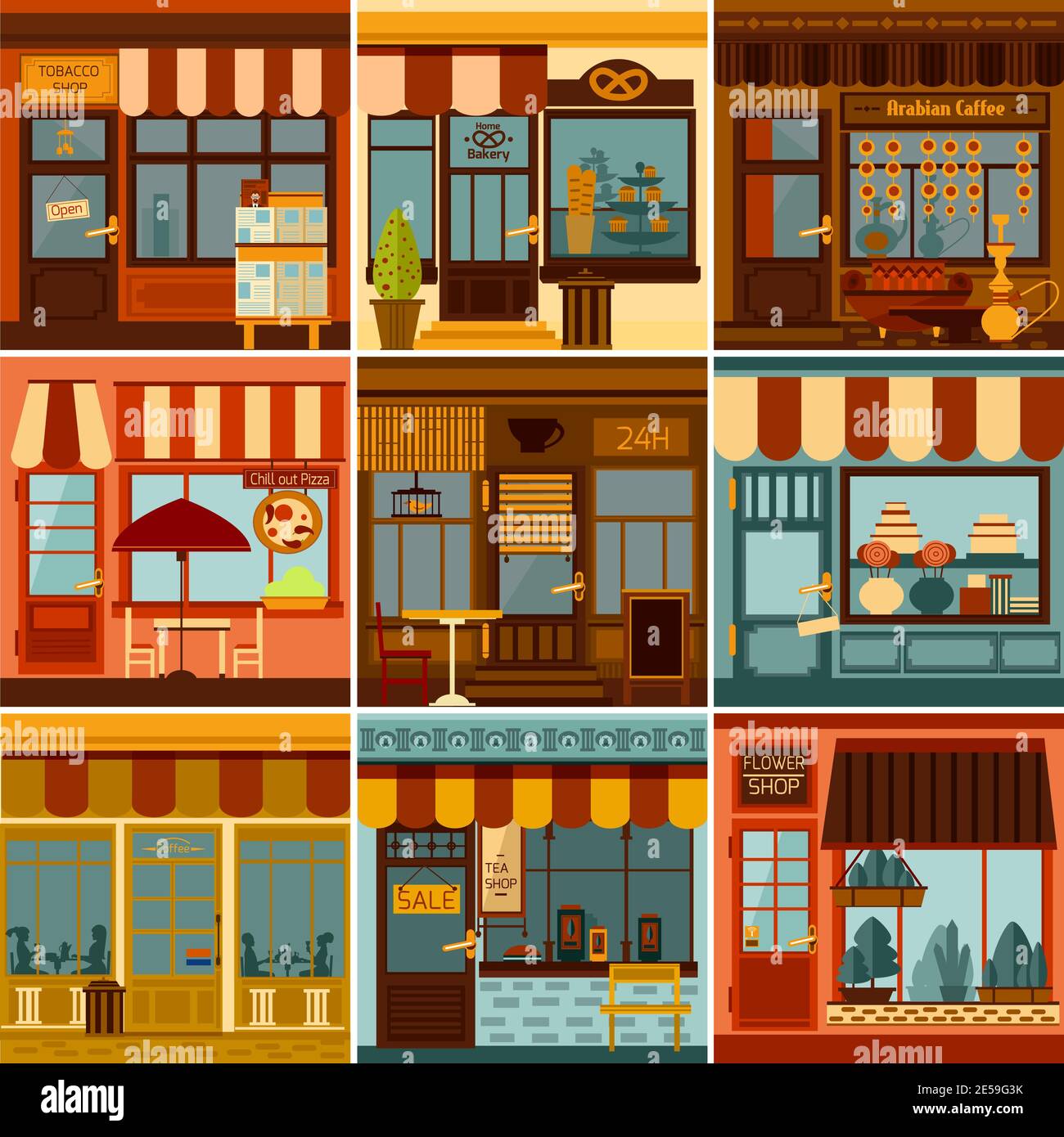 Restaurants shops caffees and market stores facades set isolated vector ...
