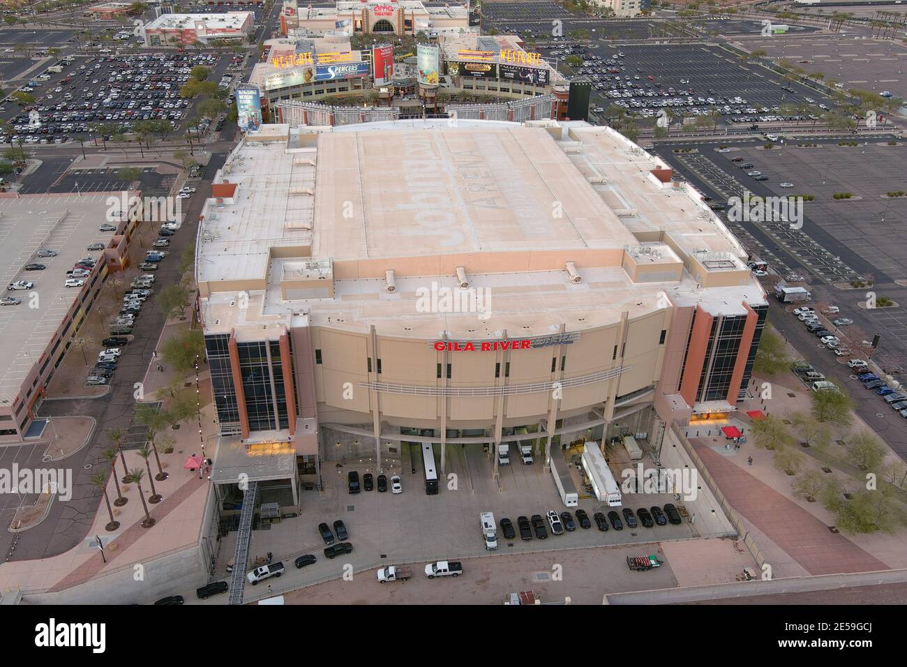 An aerial view of the Gila River Arena, Tuesday, Jan. 26, 2021, in ...