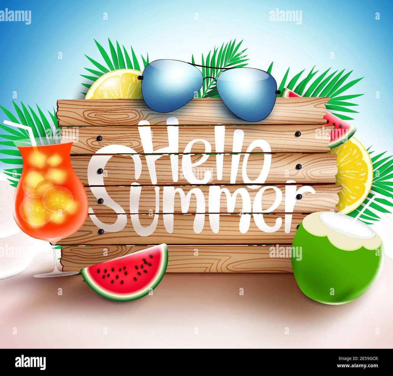 Hello summer vector concept design. Hello summer text in beach sand ...