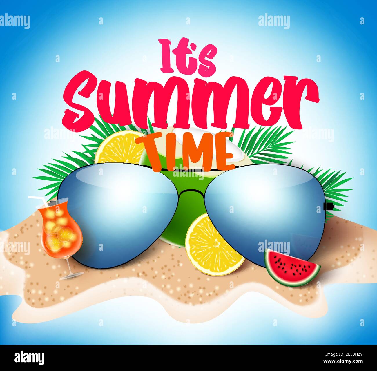 Summer time vector banner background. It's summer time text in island ...