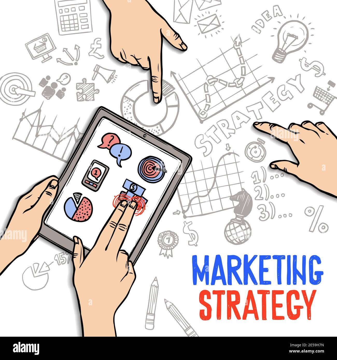 Marketing strategy concept with hands holding tablet and sketch ...