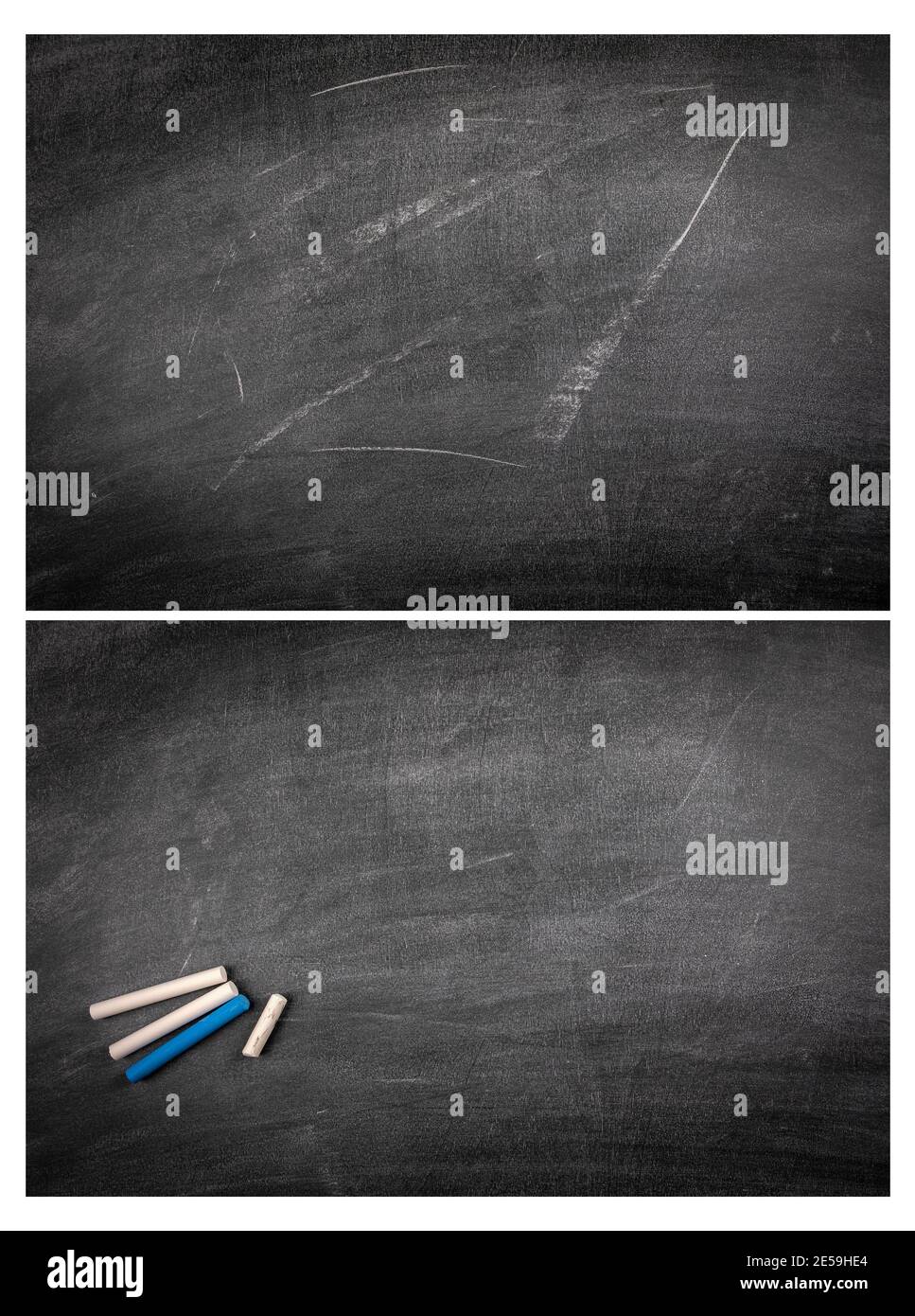 Black chalk boards with chalk pieces. Space for text and drawings, mock ...