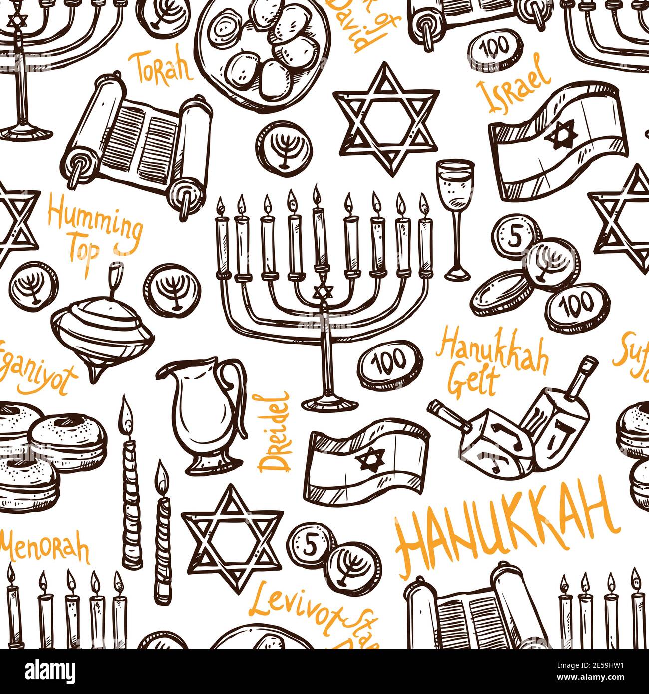 Hanukkah seamless pattern with hand drawn menorah torah and traditional ...