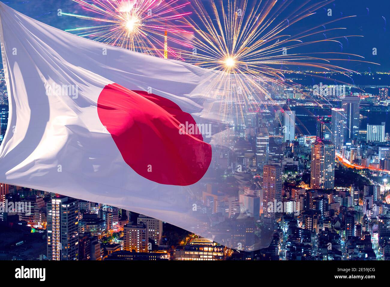 Flag of Japan and fireworks, concept picture about independence day ...