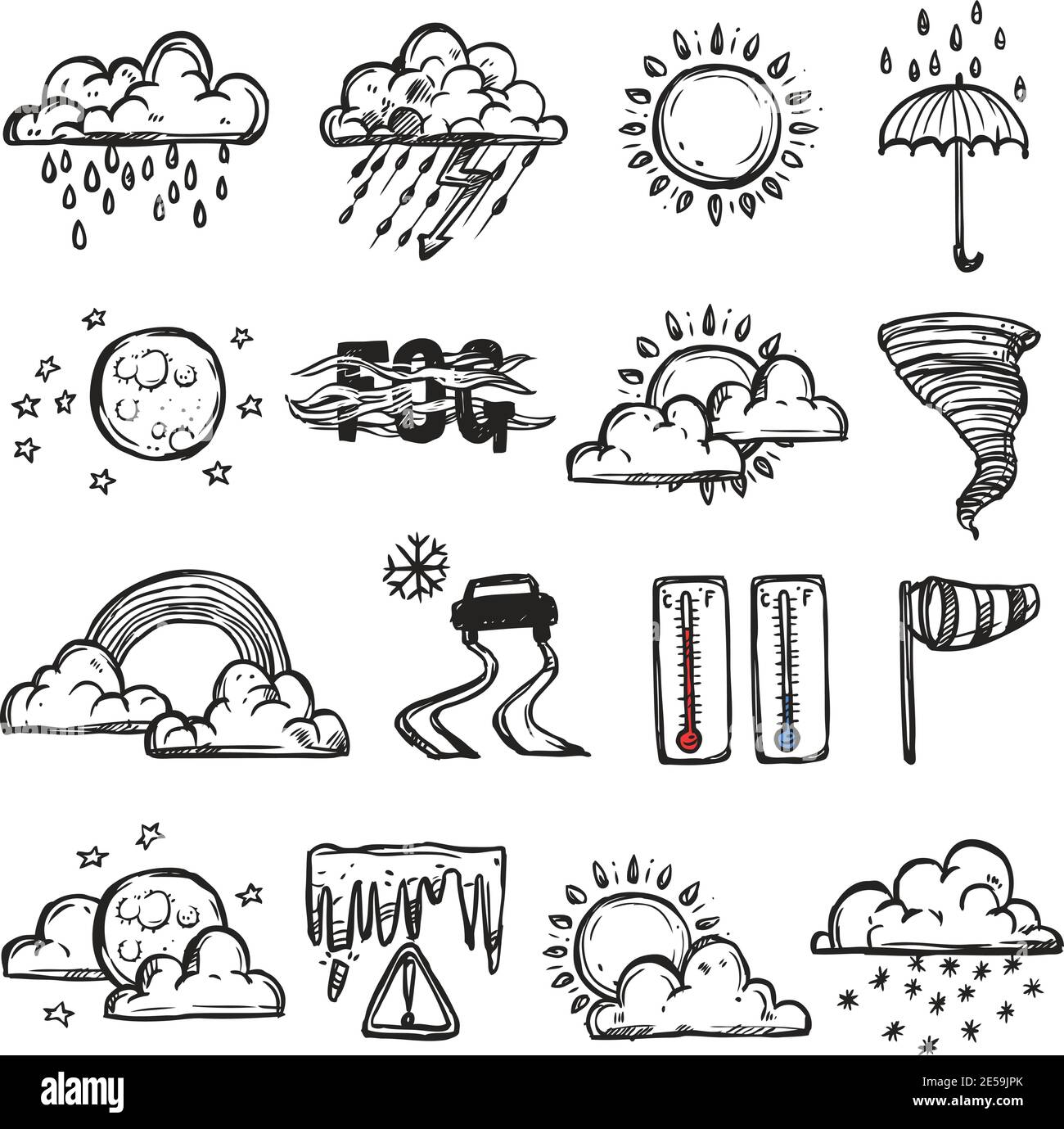 Doodle weather set with forecast and nature icons isolated vector ...