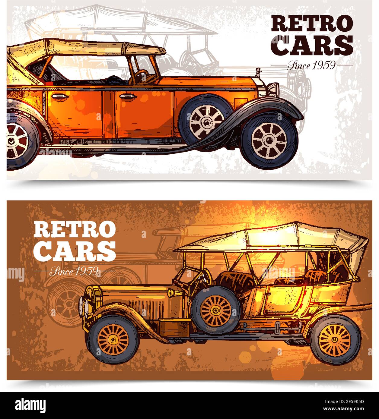 Retro cars horizontal banner set with hand drawn old style vehicles ...