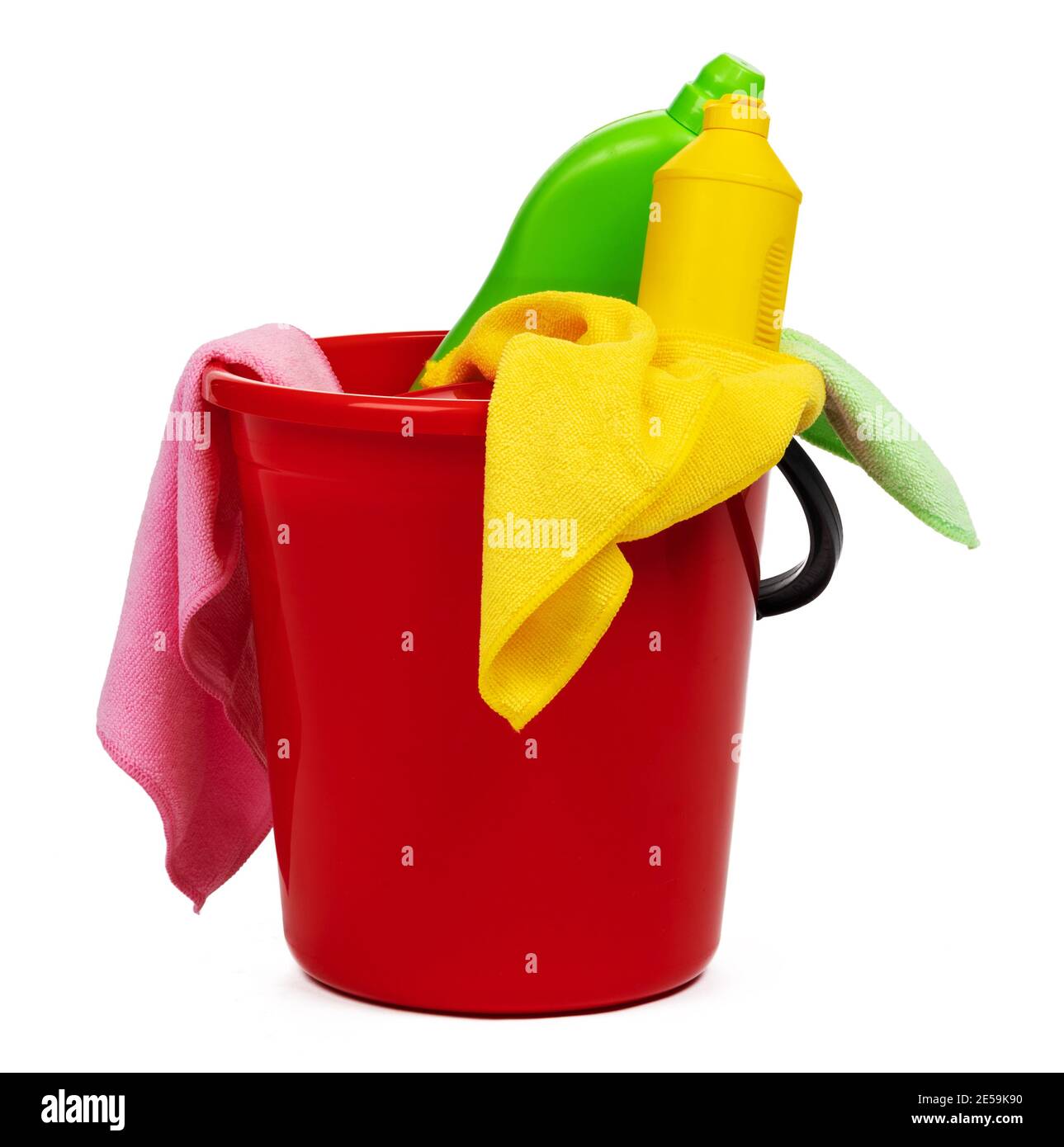 Cleaning tools and a red bucket isolated on white background Stock ...