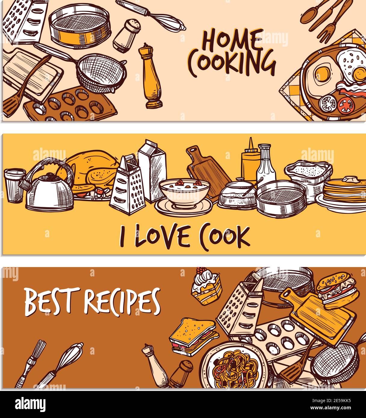Baking or cooking with utensil and text flat color sketch horizontal ...