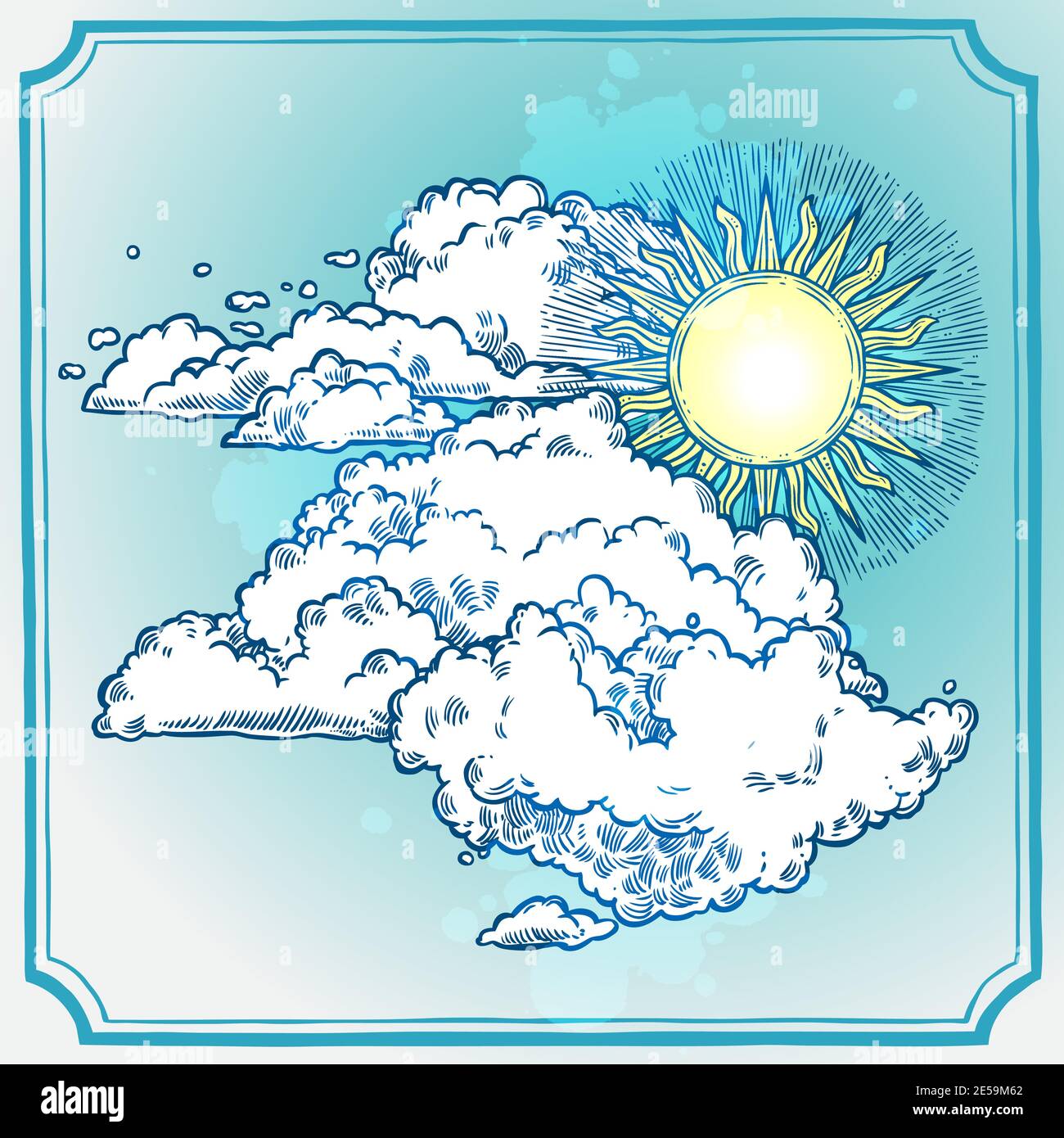 Sunny sky frame with retro style sketch sun and clouds vector ...