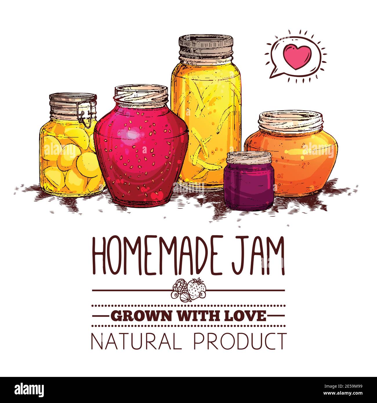 Homemade jam poster with hand drawn glass jars set vector illustration ...