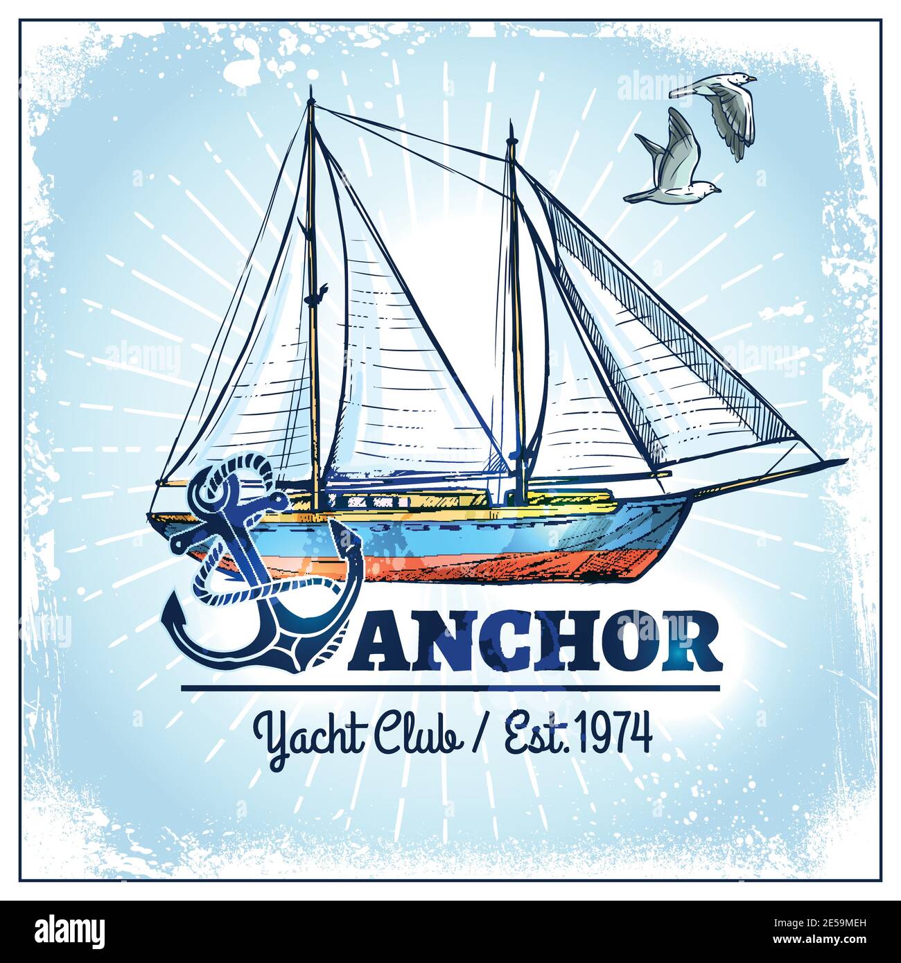 Hand drawn sail ship poster with anchor and seagulls vector ...