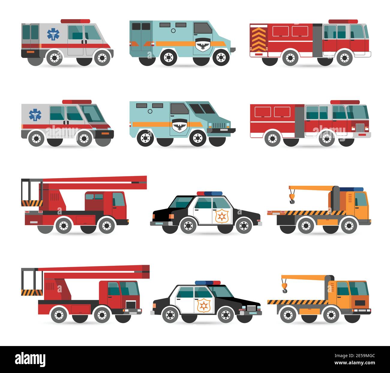 Flat emergency vehicles with fire track and police car vector ...