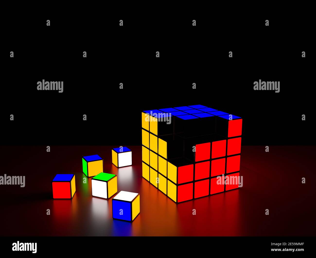 Pieces of Rubik's Cube for problem solving on black background 3D ...