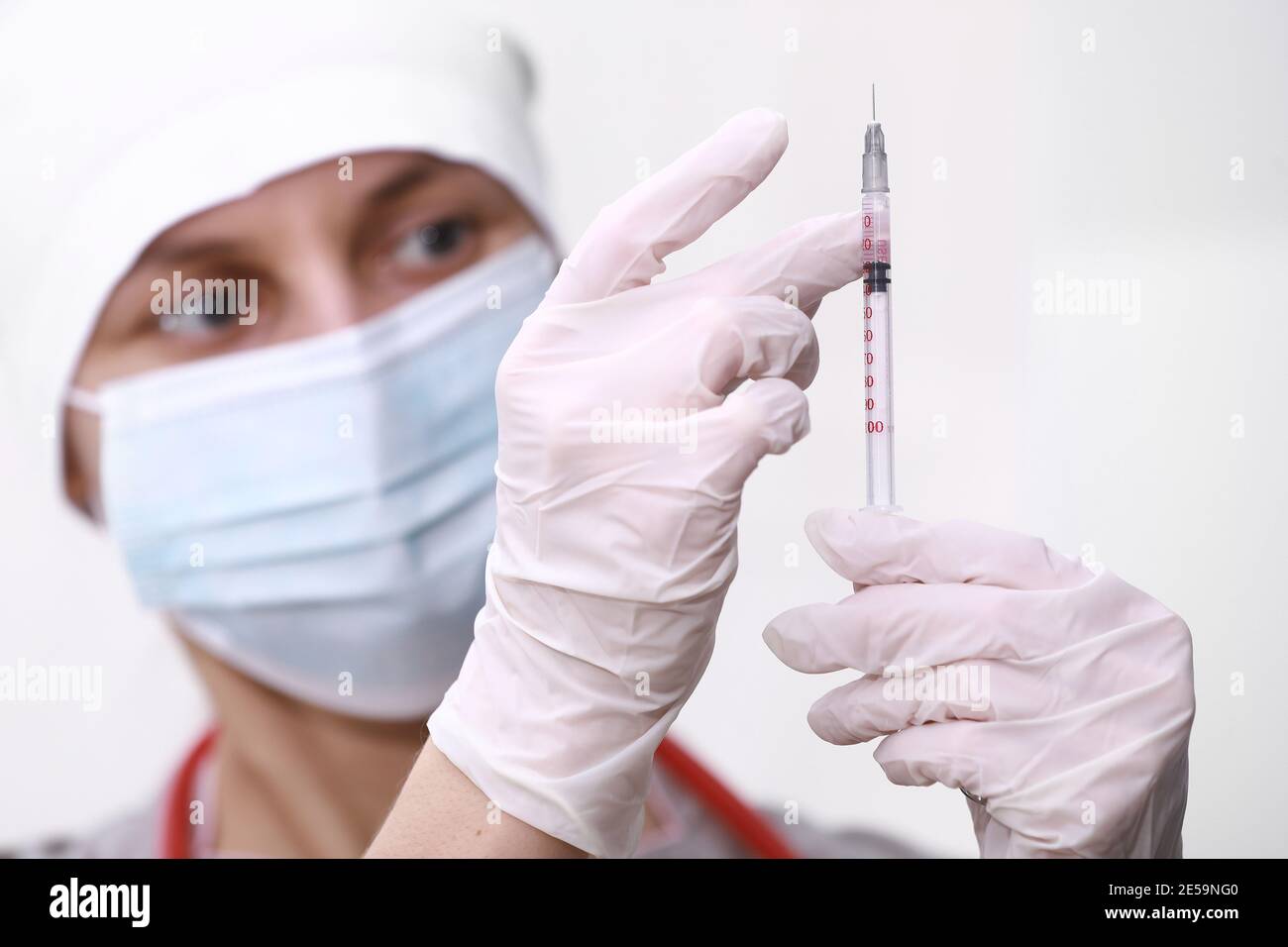 Syringe, medical injection in hand, palm or fingers. Medicine plastic ...