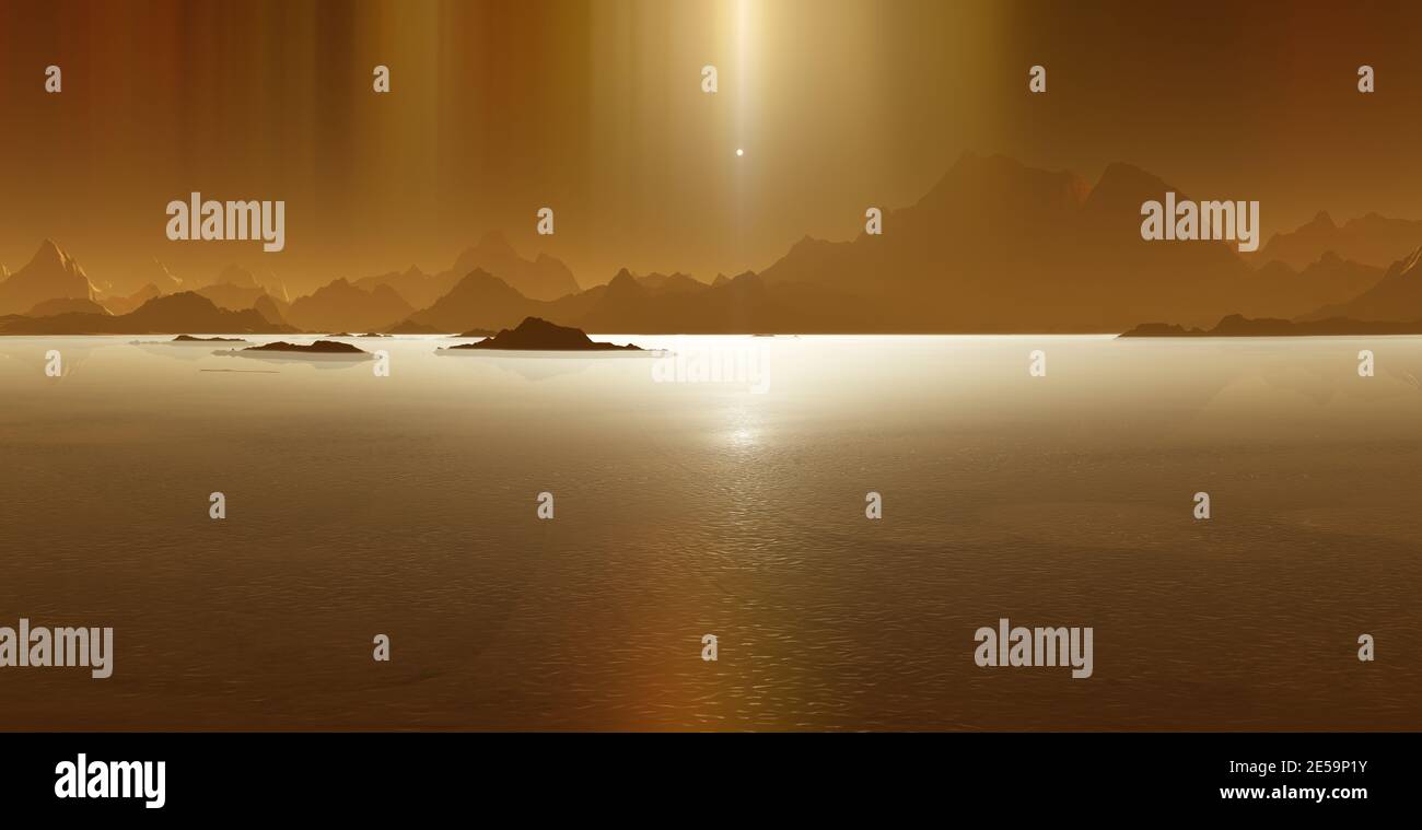 Ionosphere of Titan. Titan surrounded by Saturn's magnetic field. 3d ...