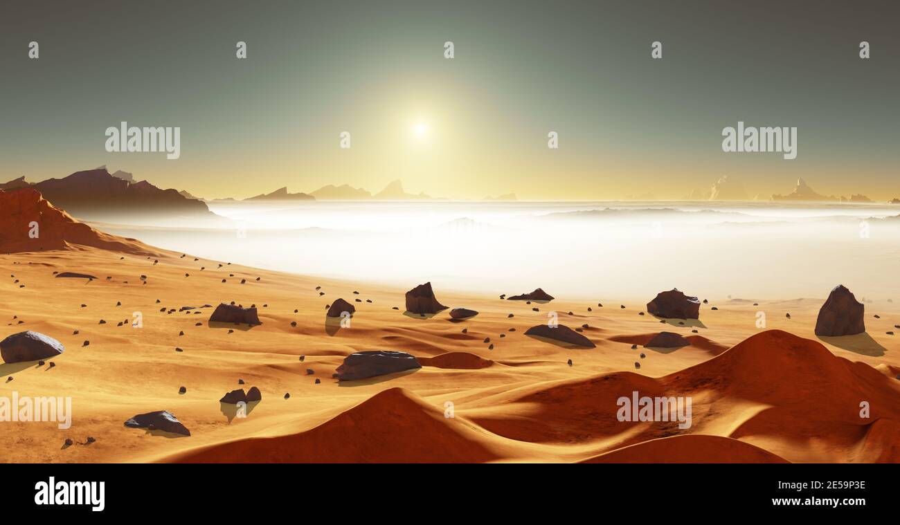 Mars, red planet. Cold desert on Mars. Martian landscape with ground ...