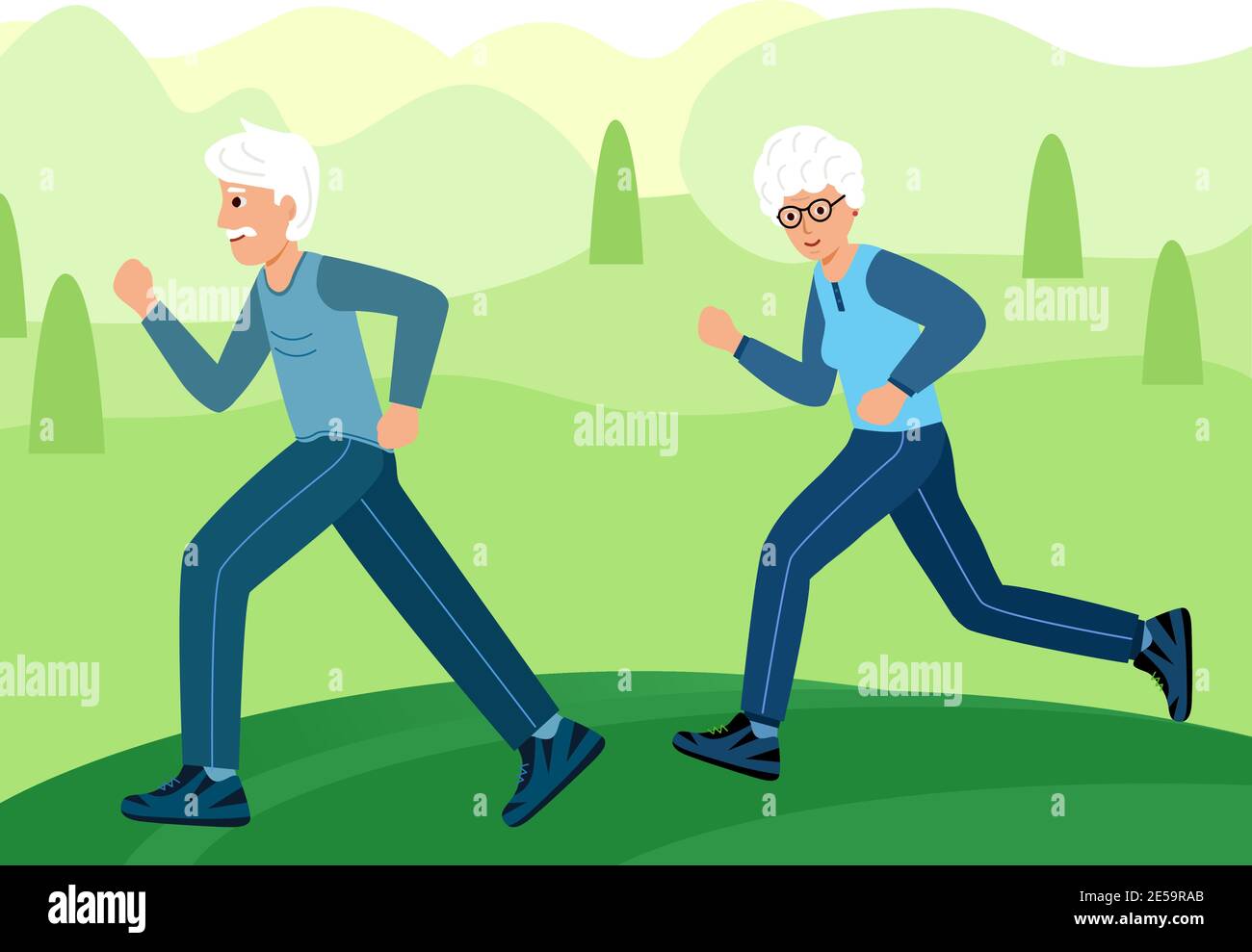 Grandmother and grandfather run in park. Older people play sports ...