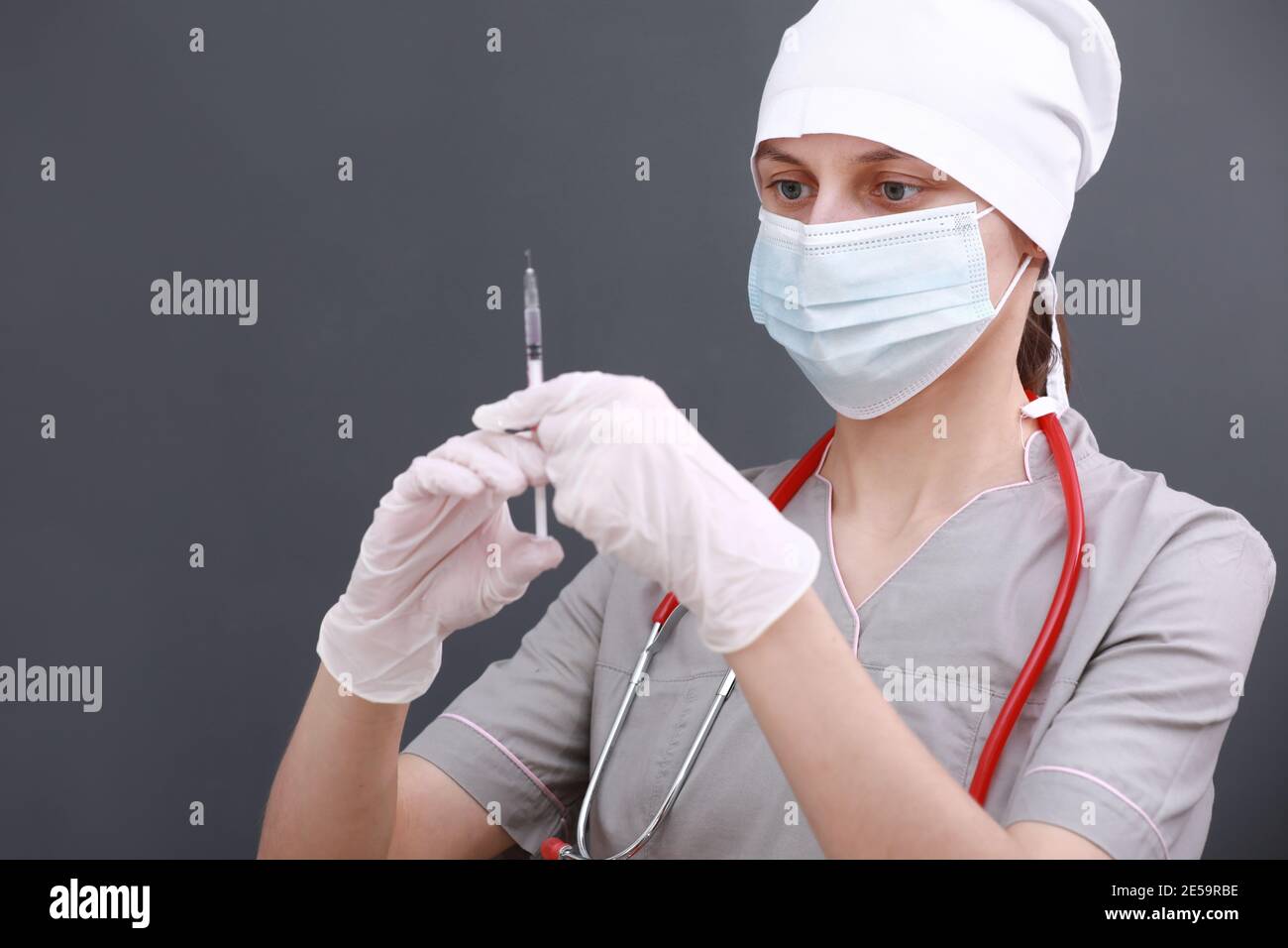 Syringe, medical injection in hand, palm or fingers. Medicine plastic ...