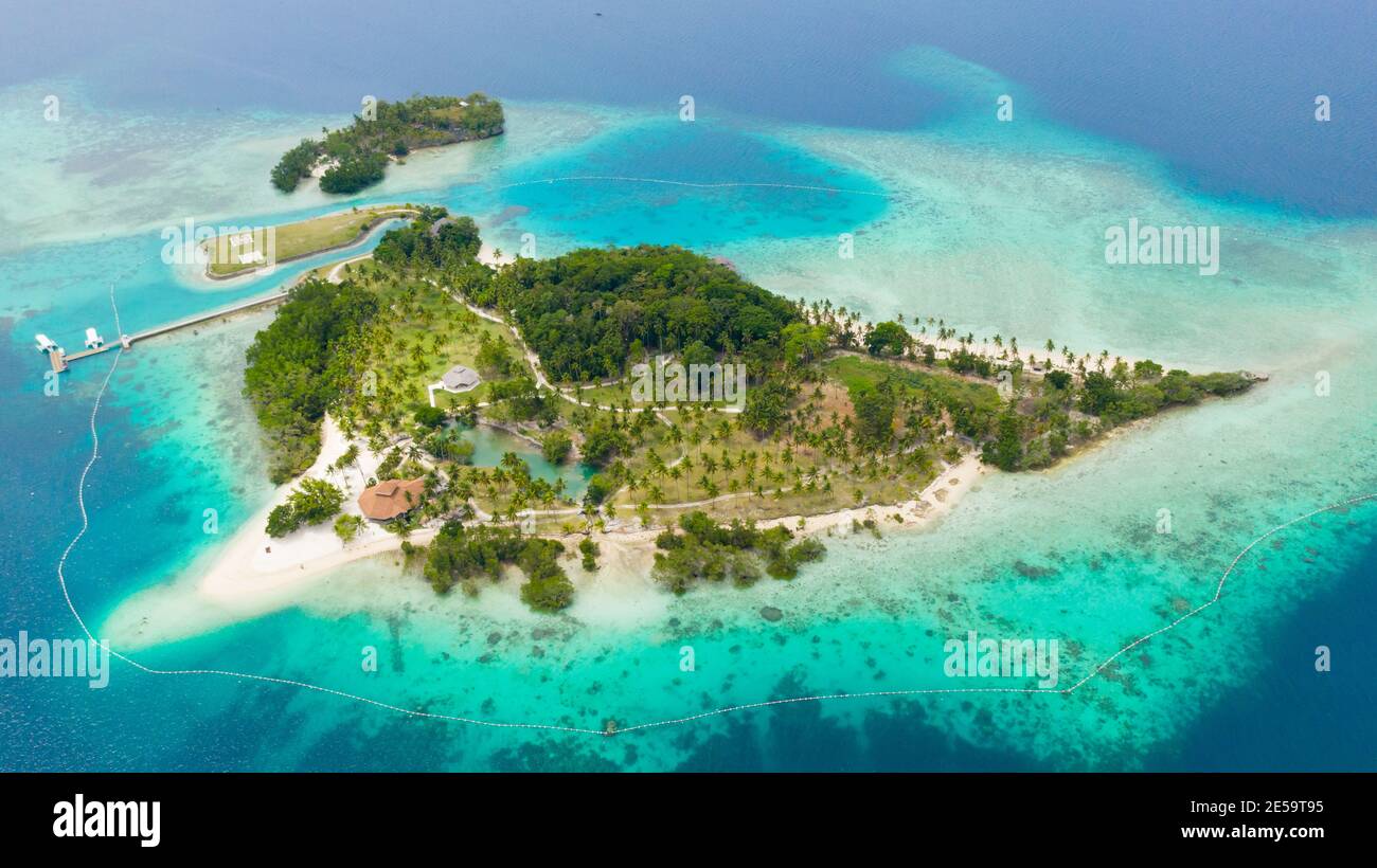 Aerial view of Tropical island with sand beach, palm trees by atoll ...