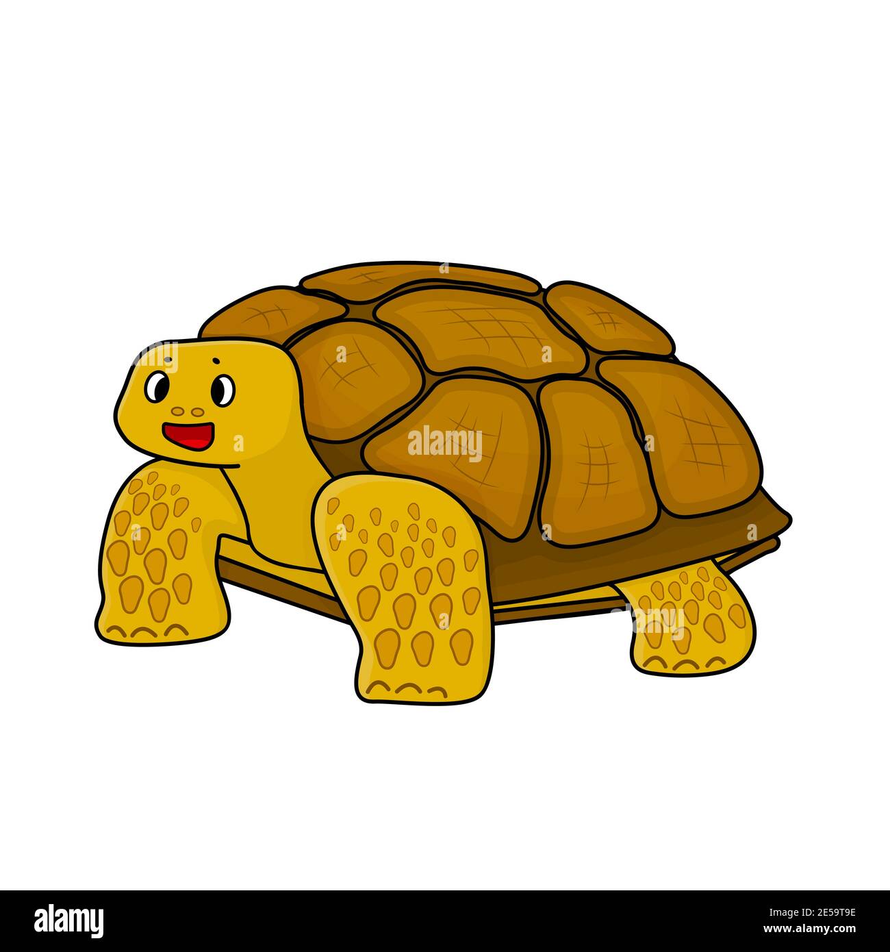 Yellow cute spiked African tortoise. Animal is smiling and isolated on ...