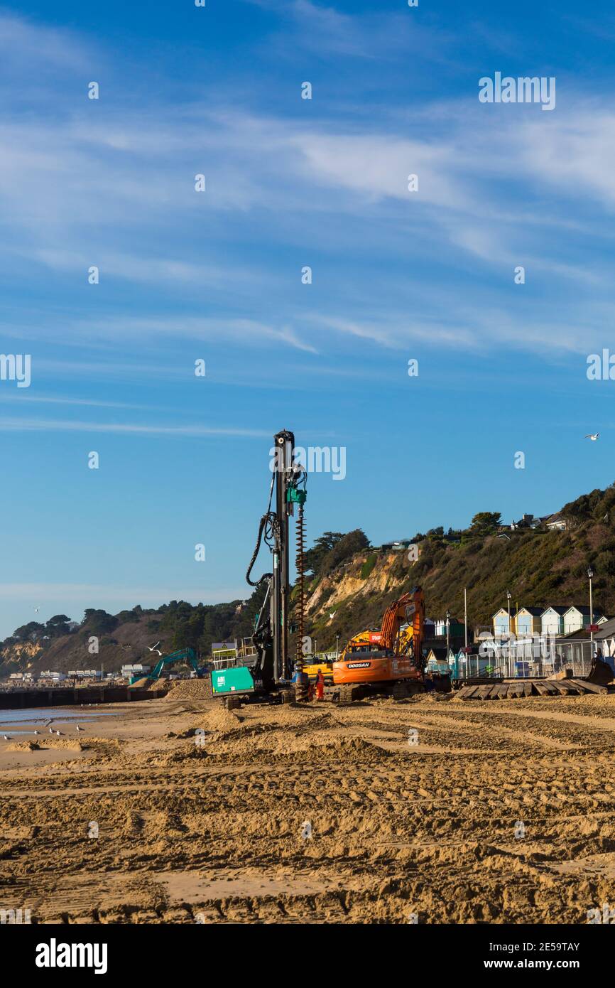 Timber groyne renewal programme taking place on beach at Alum Chine ...