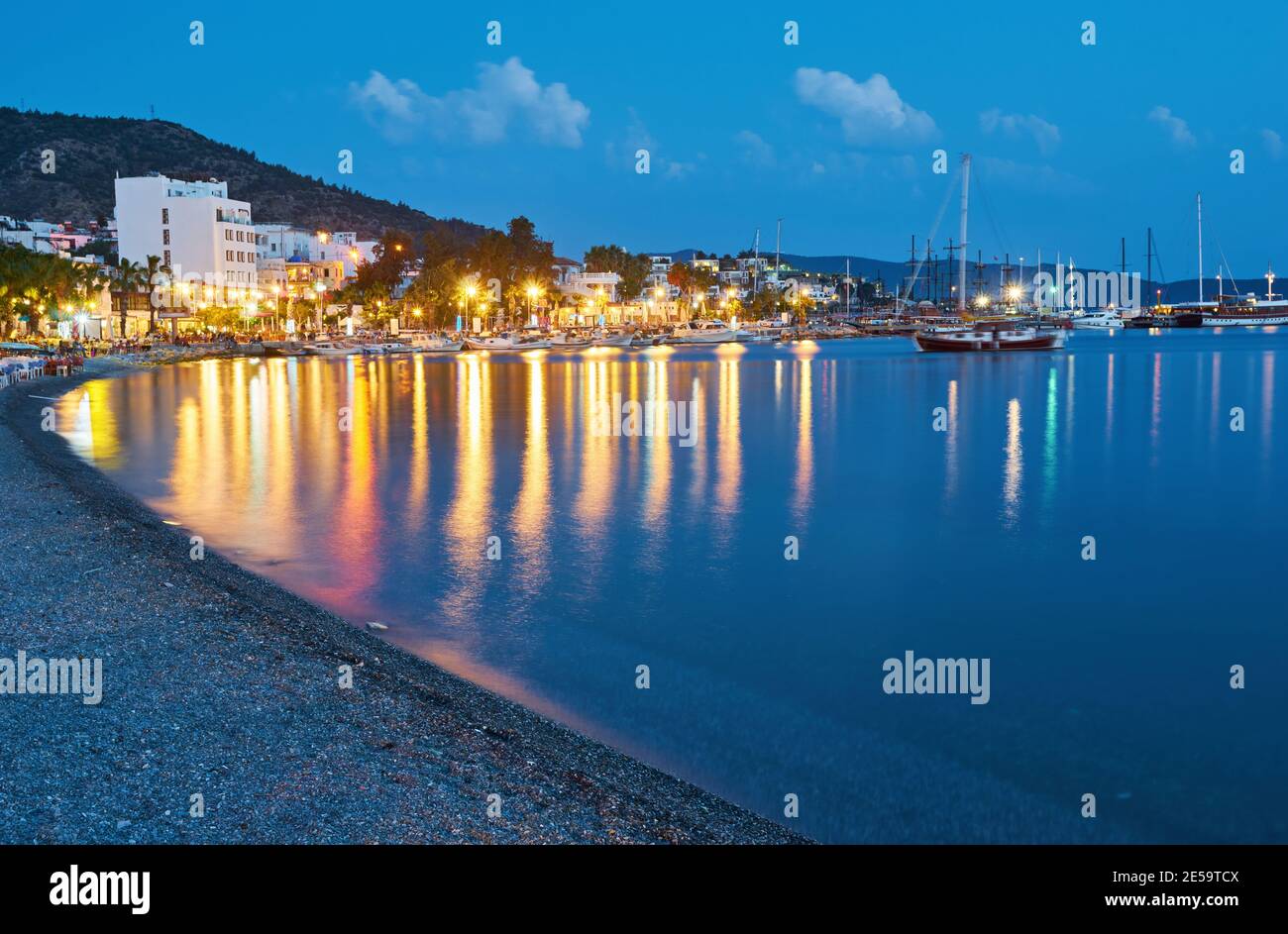 Bodrum night cityscape. Panoramic view over the bay in Bodrum, Turkey ...