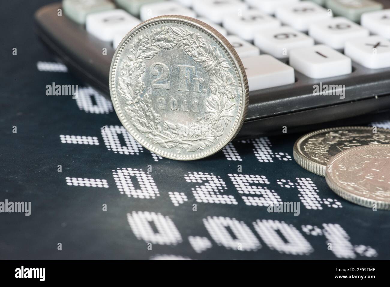 Money Swiss Francs, calculator and the stock market Stock Photo - Alamy