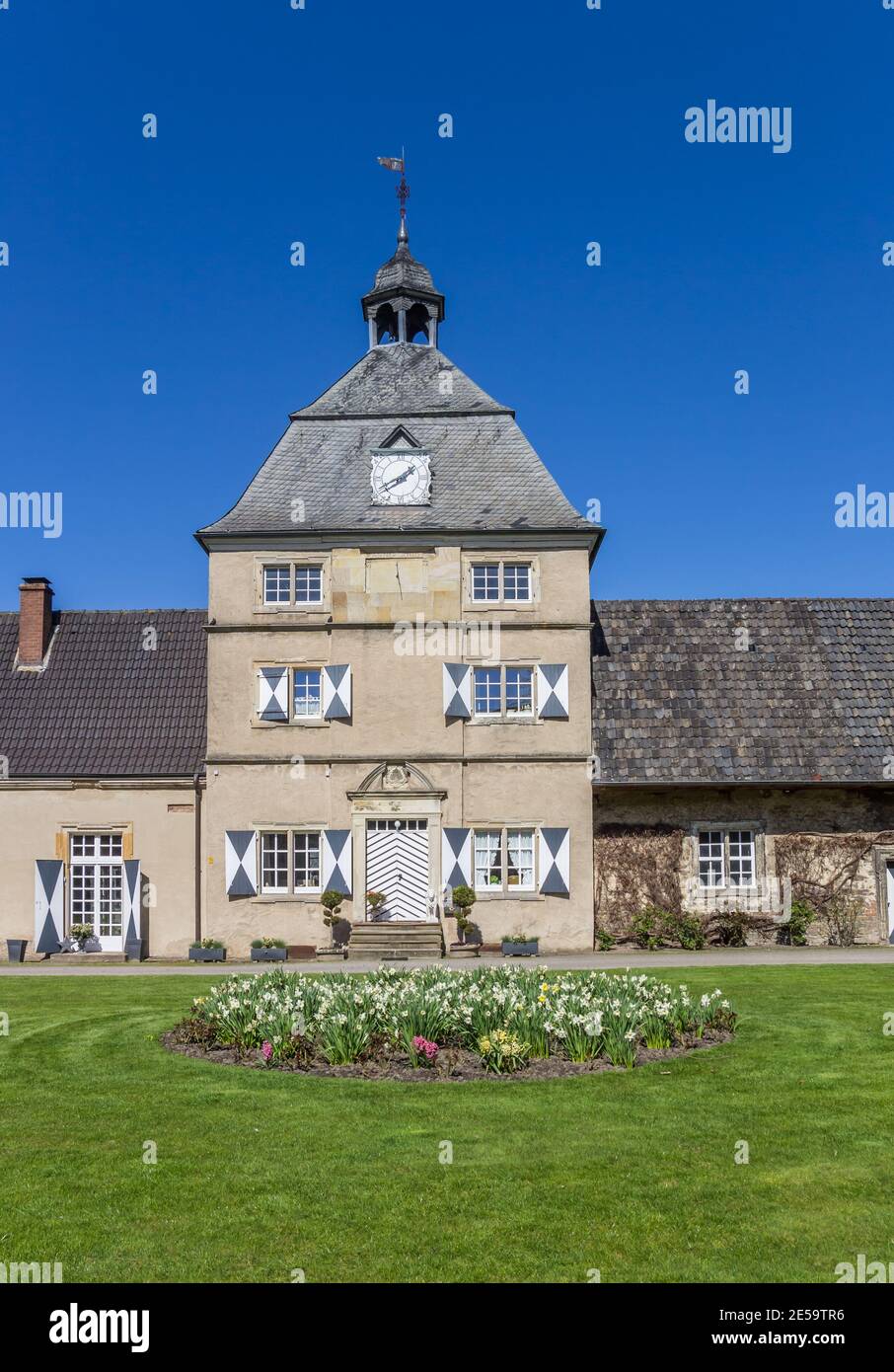Clock tower of castle Westerwinkel in Ascheberg, Germany Stock Photo ...