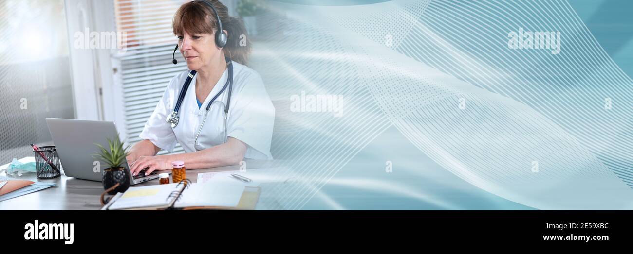 Portrait of mature female doctor during online medical consultation ...