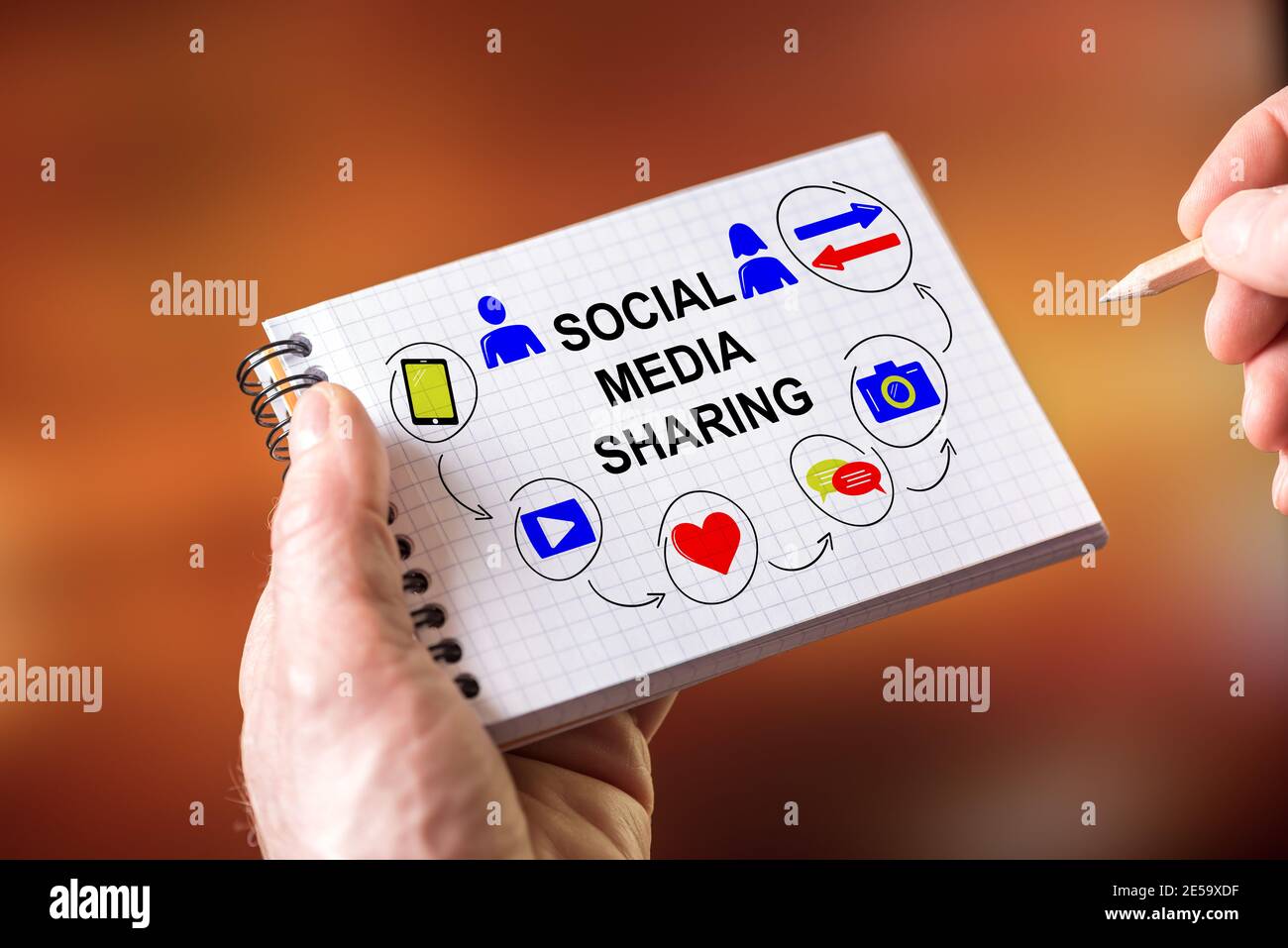 Hand drawing social media sharing concept on a notepad Stock Photo - Alamy