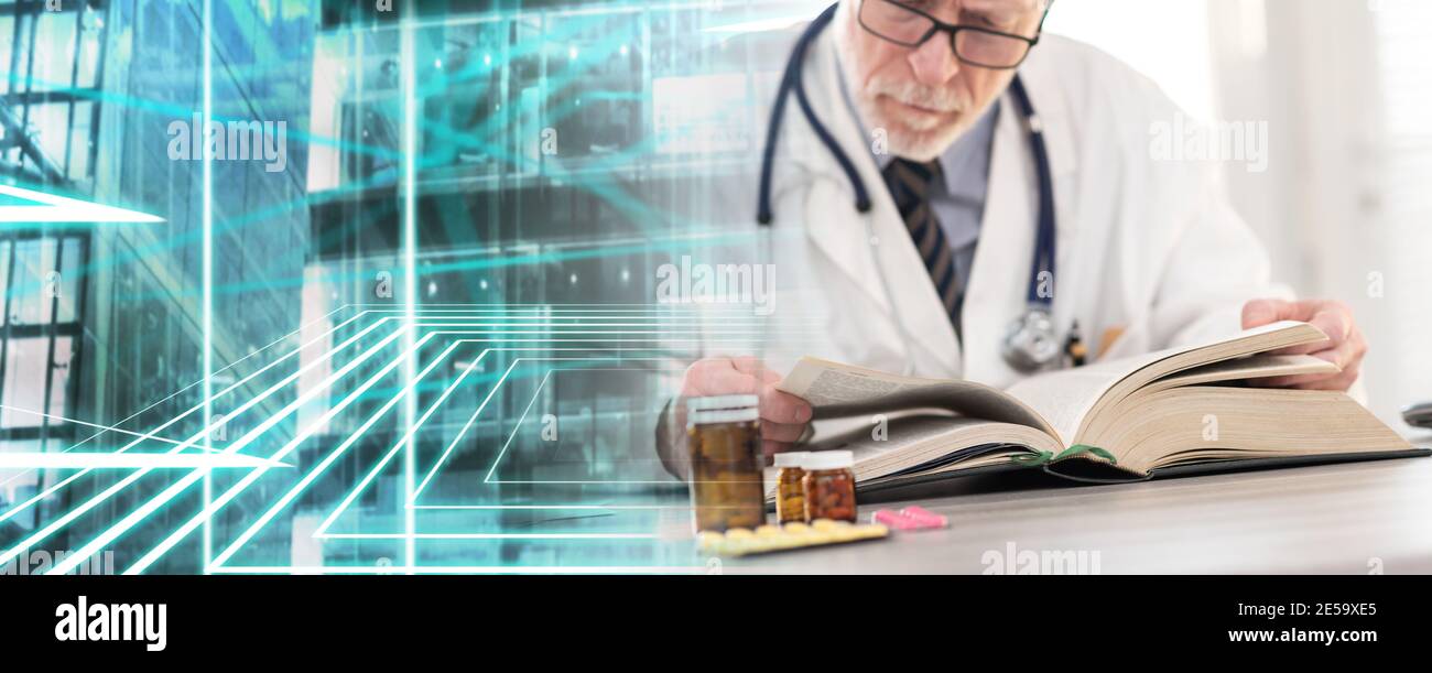 Senior doctor reading a textbook in medical office; multiple exposure ...