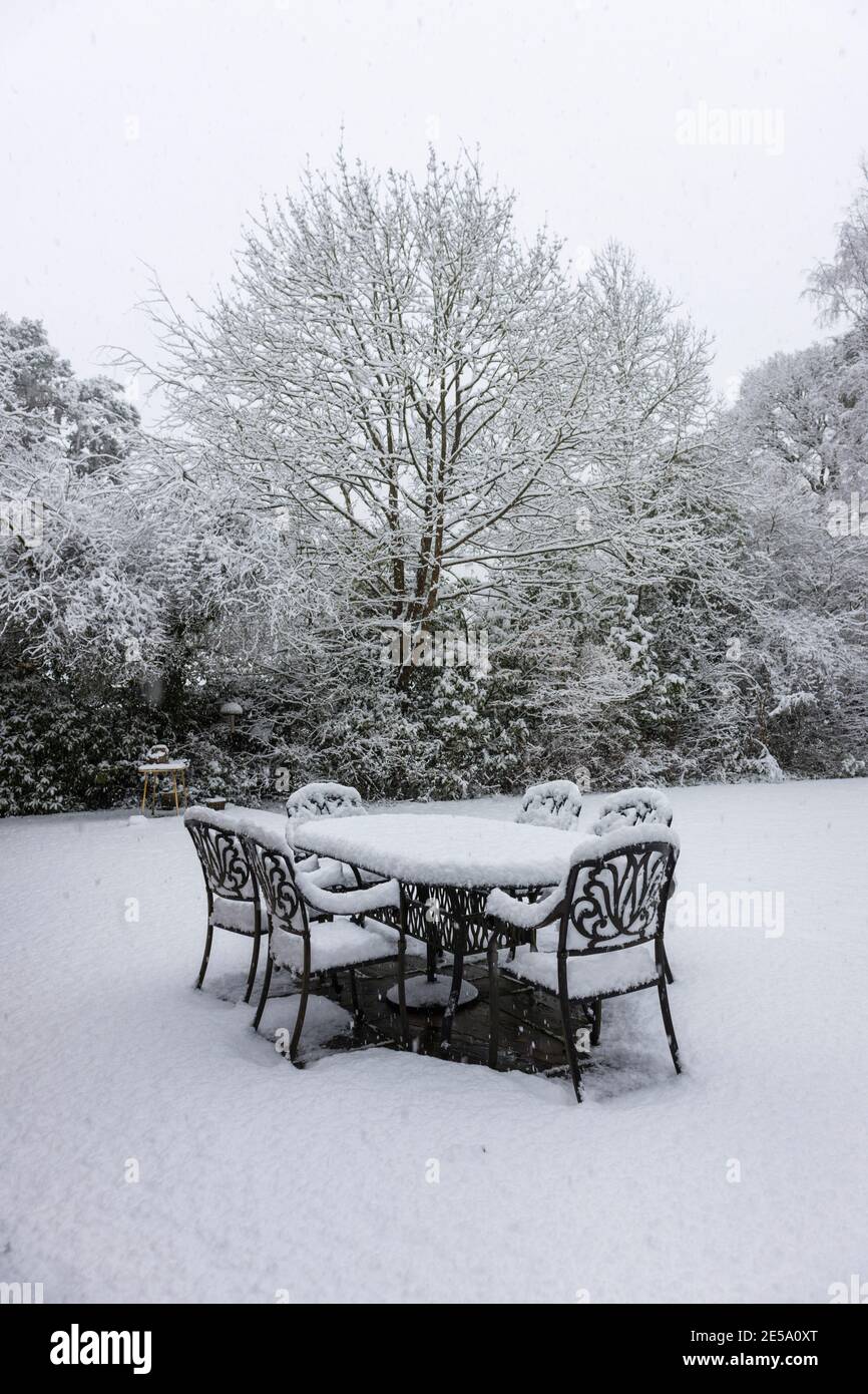 Outdoor tables and chairs on a patio and trees covered in snow during a ...