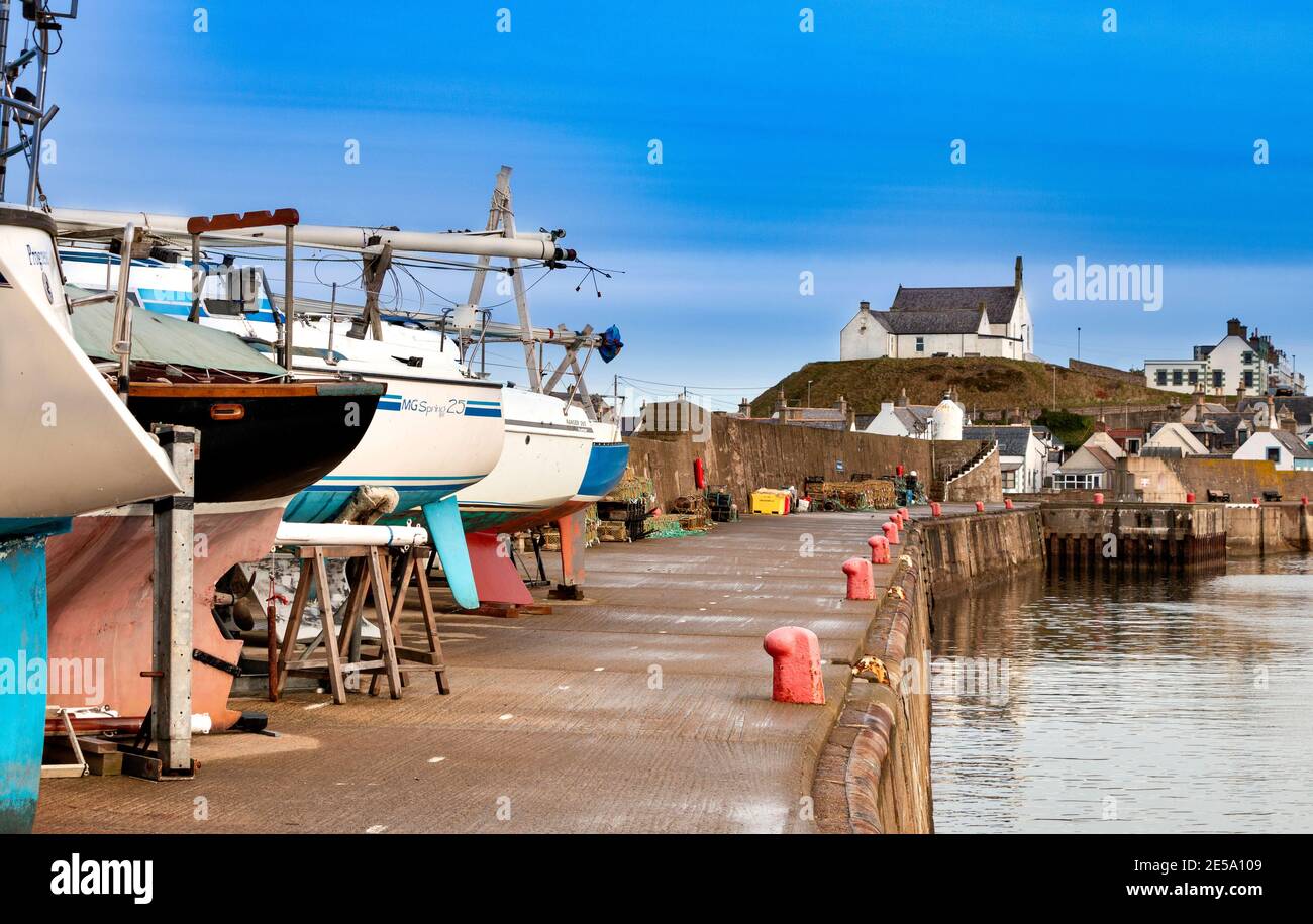 FINDOCHTY MORAY COAST SCOTLAND THE HARBOUR WALL WITH YACHTS AND CREELS ...