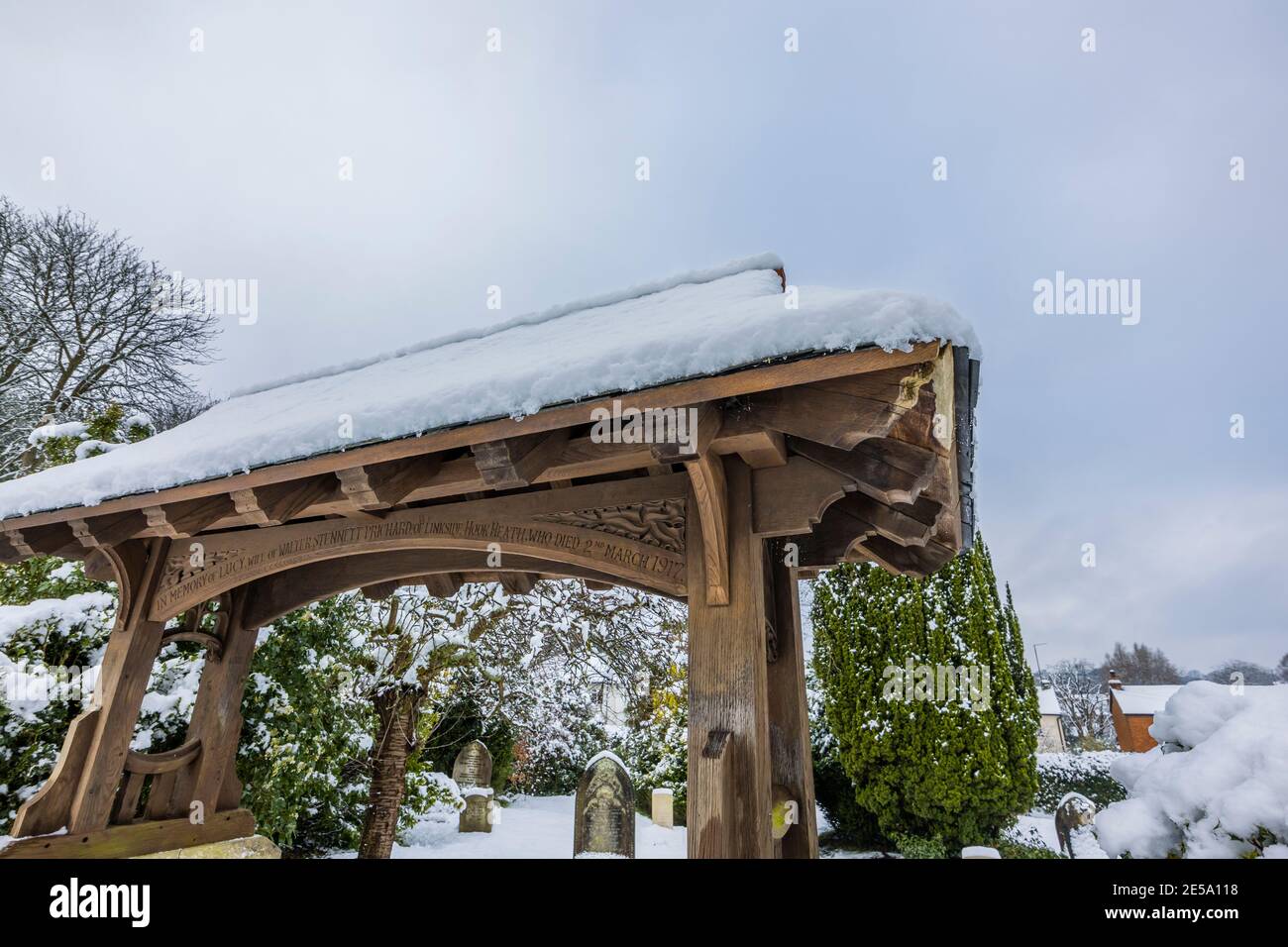 Snow covered lych gate at St John's Church near Woking, Diocese of ...