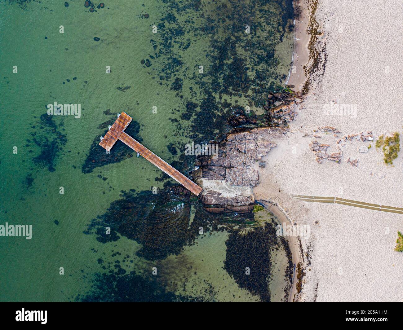Drone View of Wooden Pier in Sandvig on Bornholm Island Stock Photo - Alamy