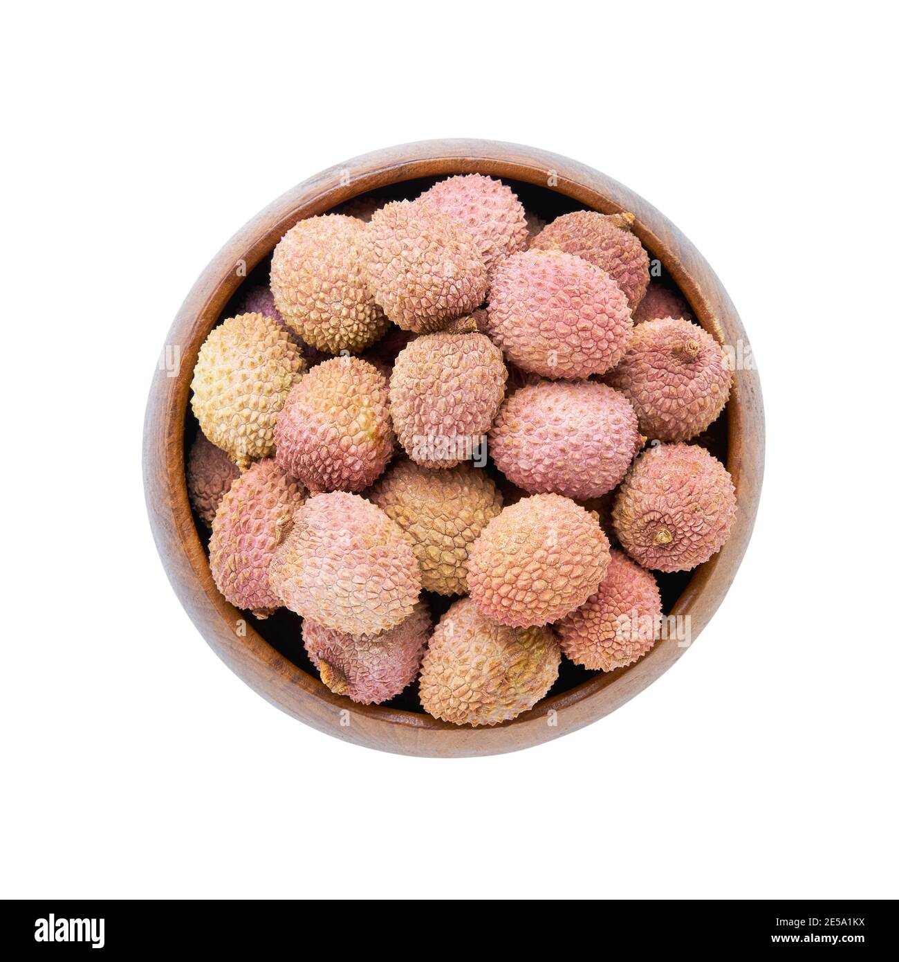 Fresh organic lychee fruit in a bamboo bowl isolated over white ...