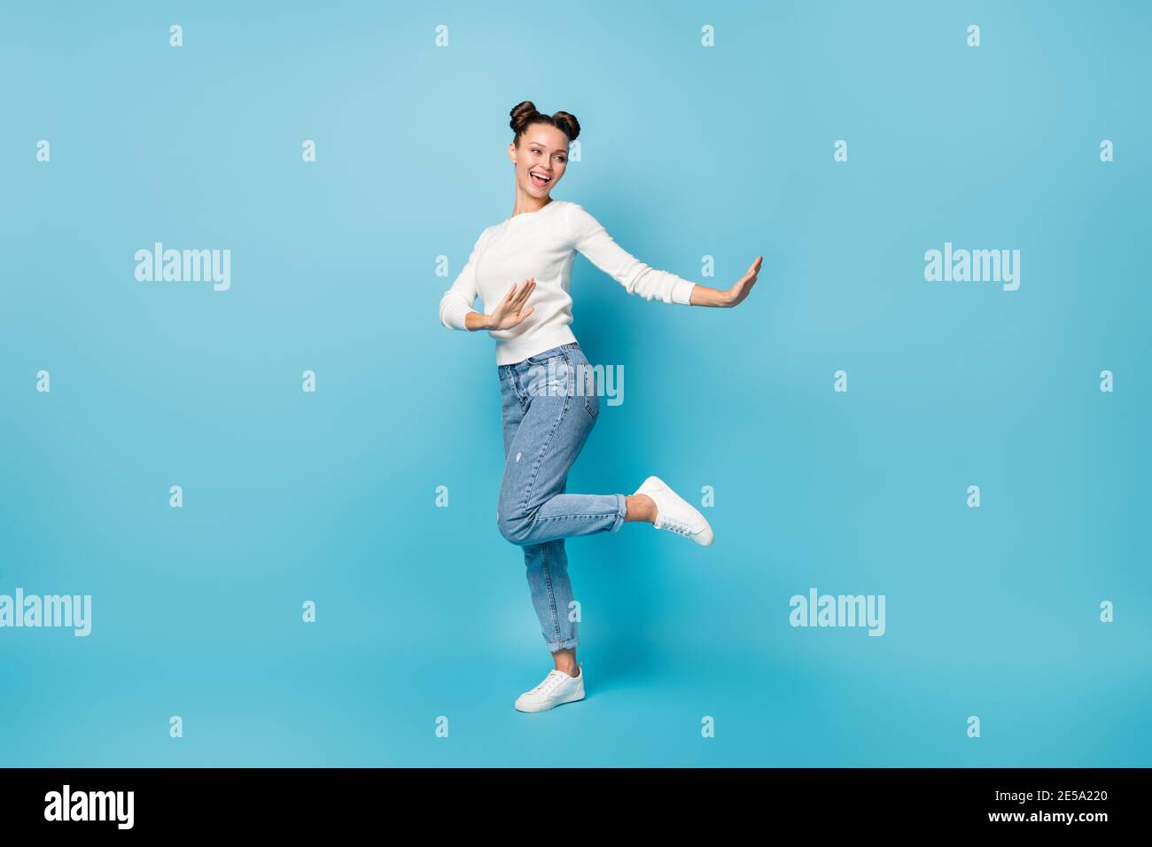 Full length photo of cheerful lady have fun dance wear white pullover ...