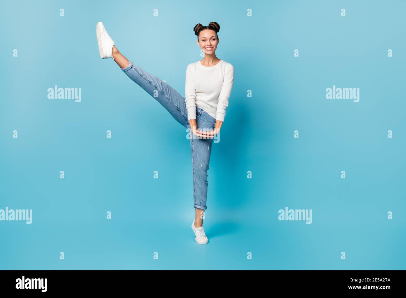 Full length photo of lady dance raise leg toothy smile wear white ...