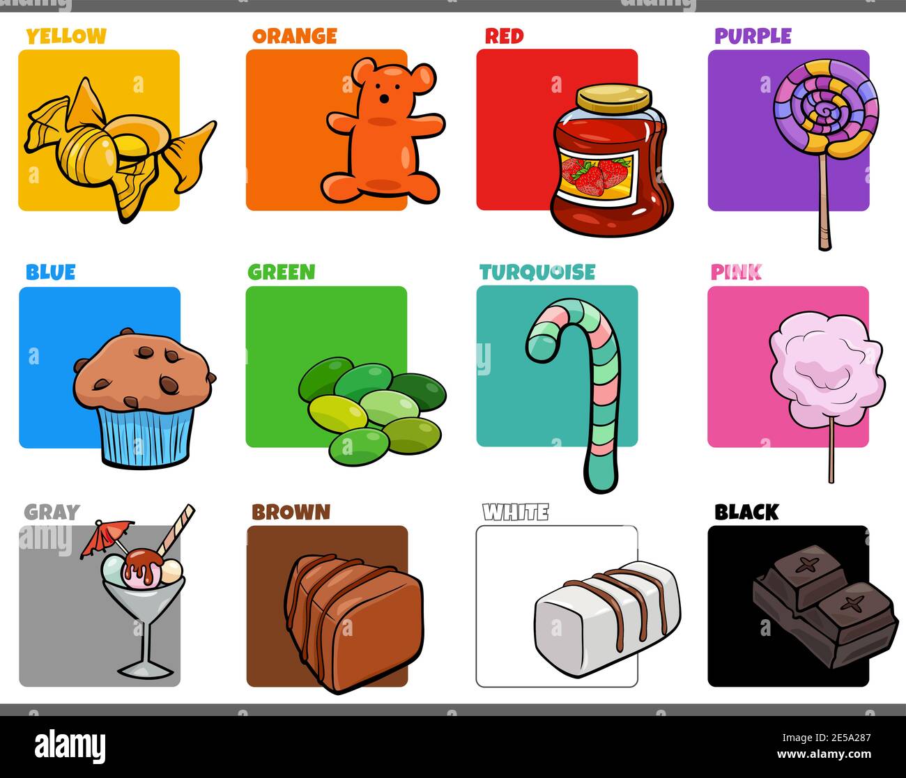 Cartoon illustration of basic colors with comic sweet food object ...