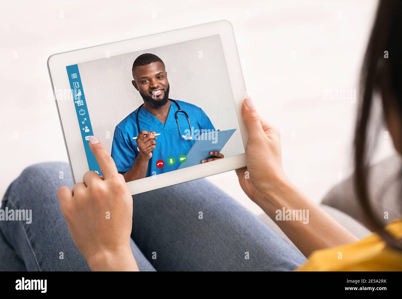 Telemedicine Concept. Black Therapist Man Consulting Female Patient Via ...