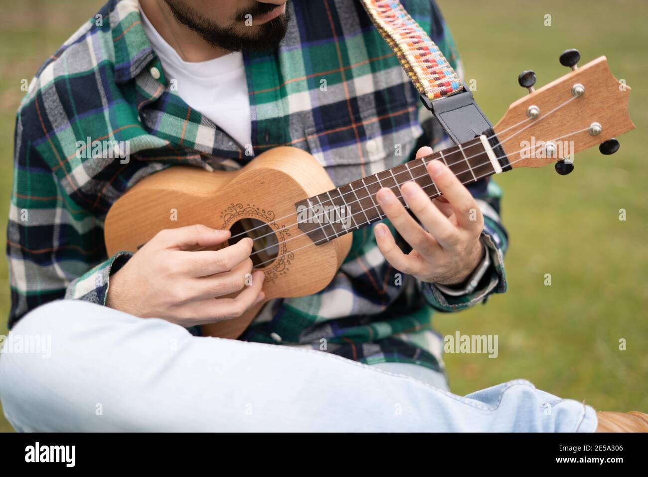 Closeup of a male playing a song on his ukulele in the woods Stock ...