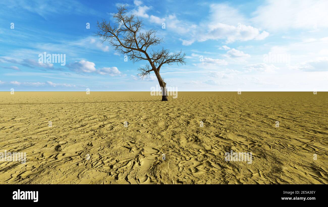 Concept or conceptual desert landscape with a parched tree as a ...