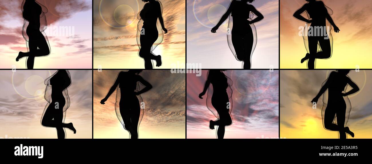 Conceptual fat overweight obese female vs slim fit healthy body after ...