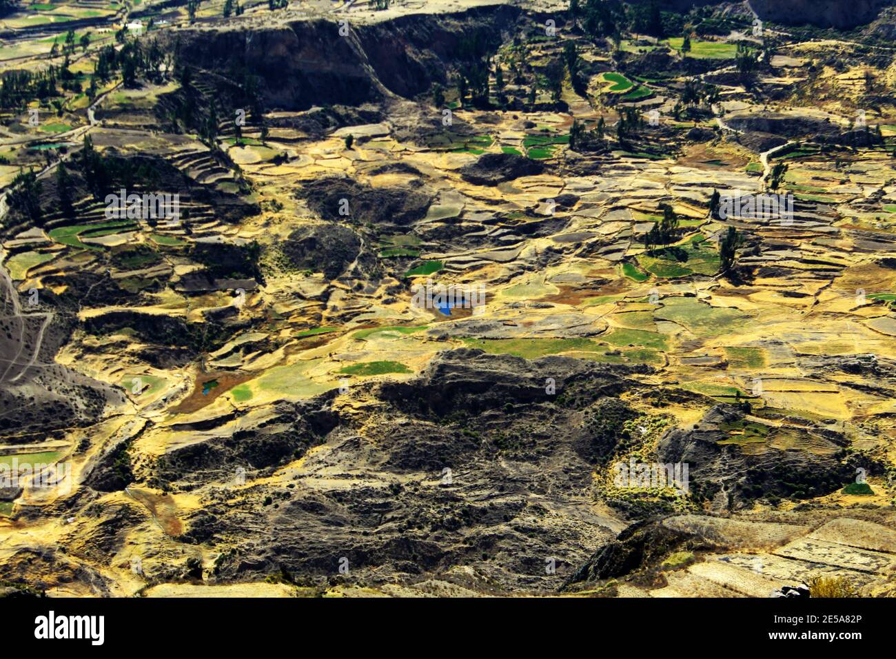 AREQUIPA, PERU - Jul 15, 2014: crops and plots in rocky terrain forming ...