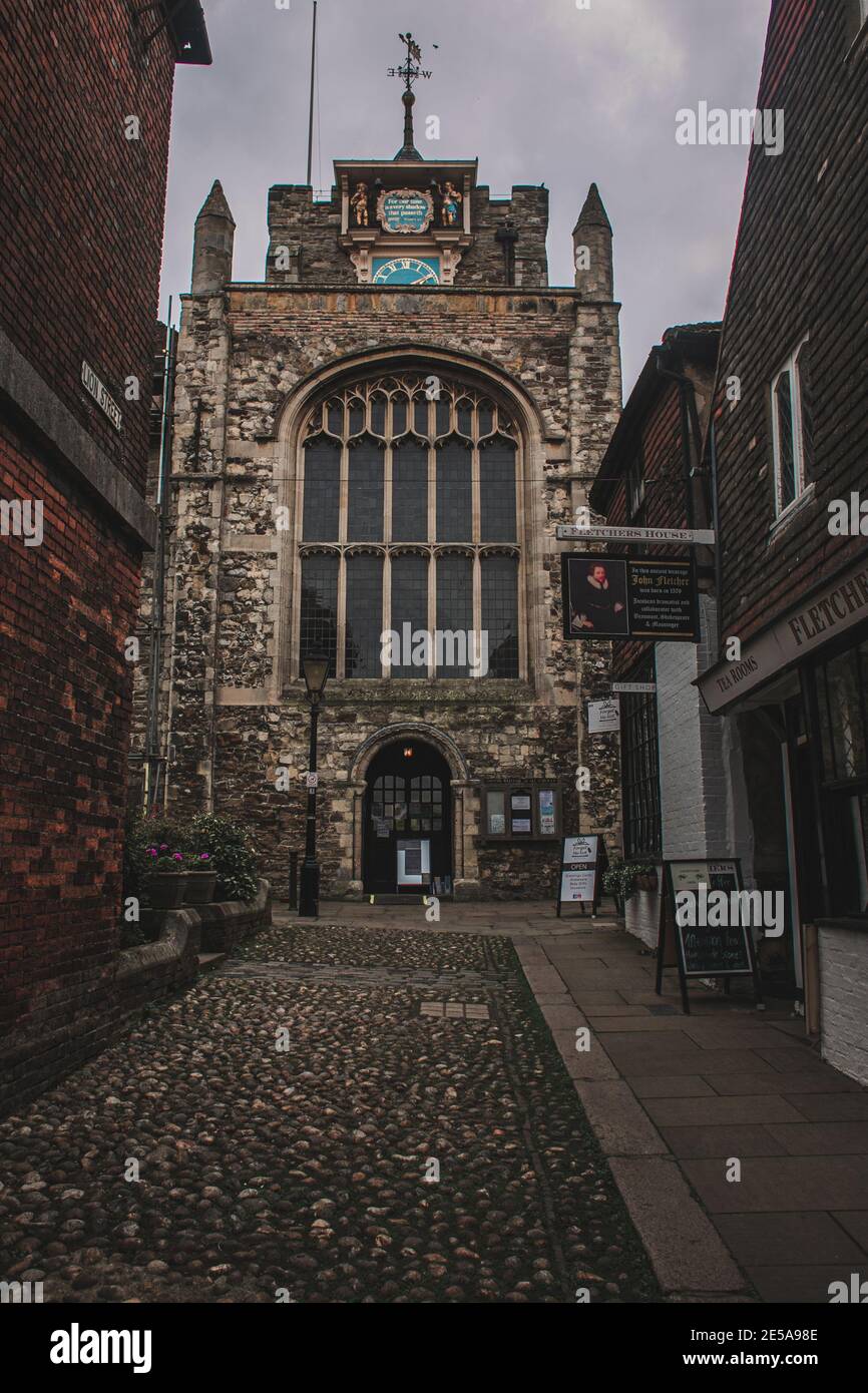 View of Saint Mary's Church from Lion Street alleyway in Rye, East ...