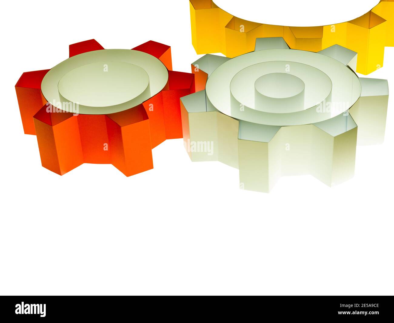 Three colorful gears made from cardboard on white background isolated ...